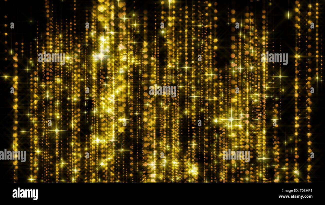 Abstract gold rain with bright particles with flares are in space ...