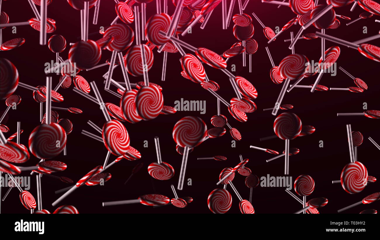 Many sweet lollipops fly in space, sweet background, 3d render computer ...