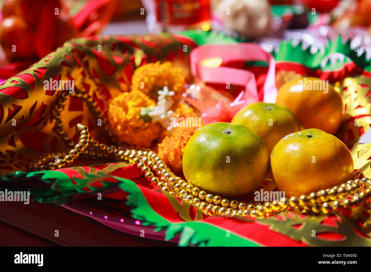 Orange Fruit, Rosary, Flower and Prayer Flag in Chinese Buddhist Temple ...