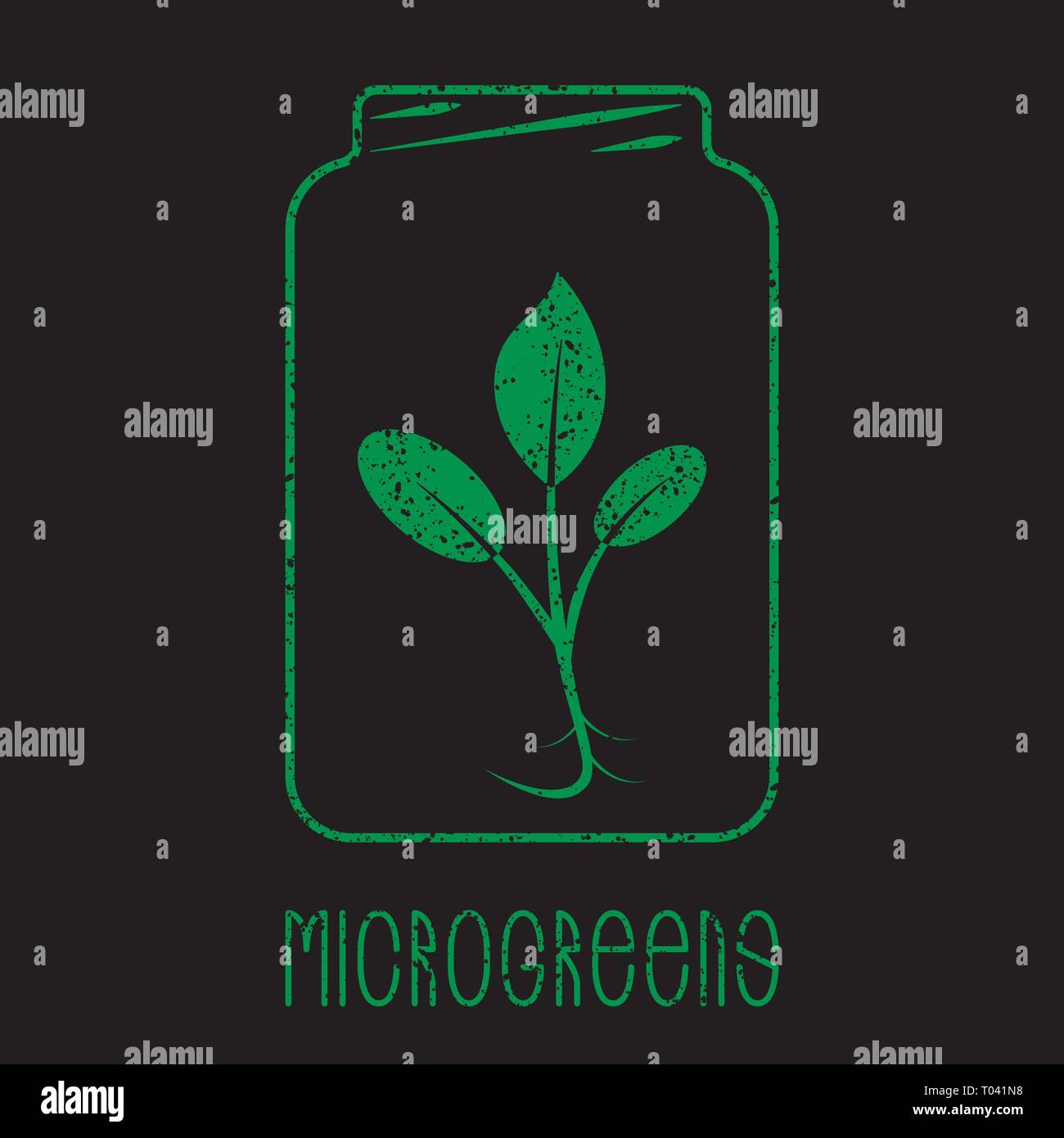 Microgreens Logo. Plant in a glass jar. Grunge effect. Black background ...