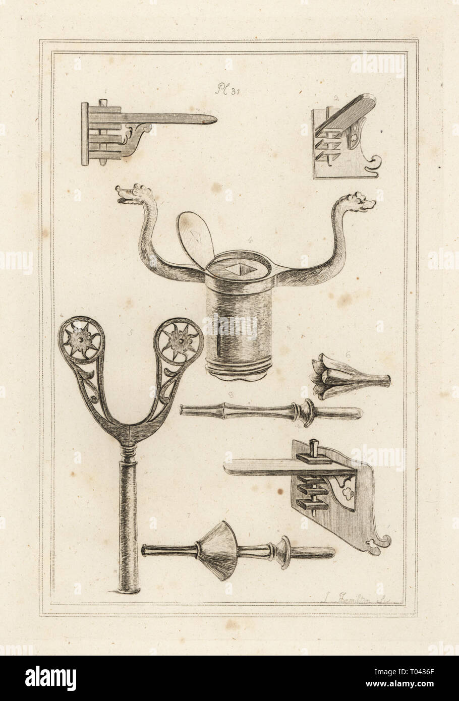 Lance rest 1,2,3, musket rest 4,5, coronel or crownel from a tilting ...