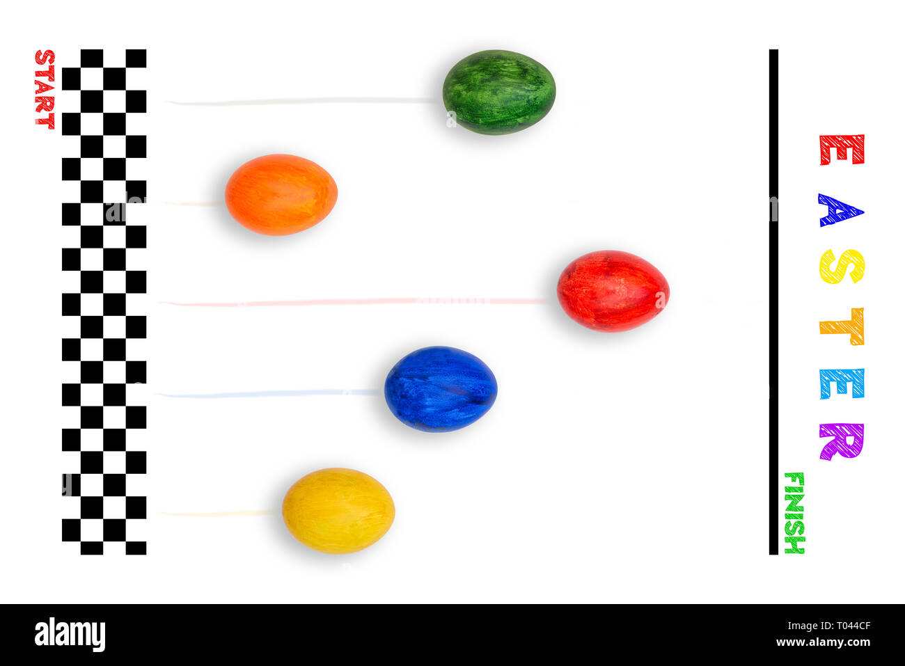 Easter holiday concept. Egg competition. Bright colored eggs run to the ...