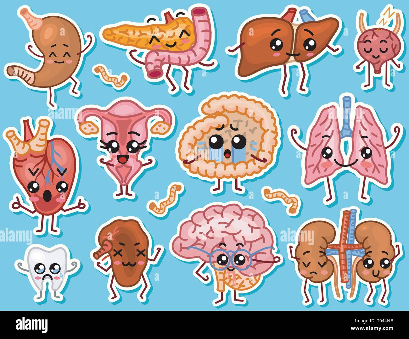Cute organs. Happy human, Set of smiling characters. Vector pins ...