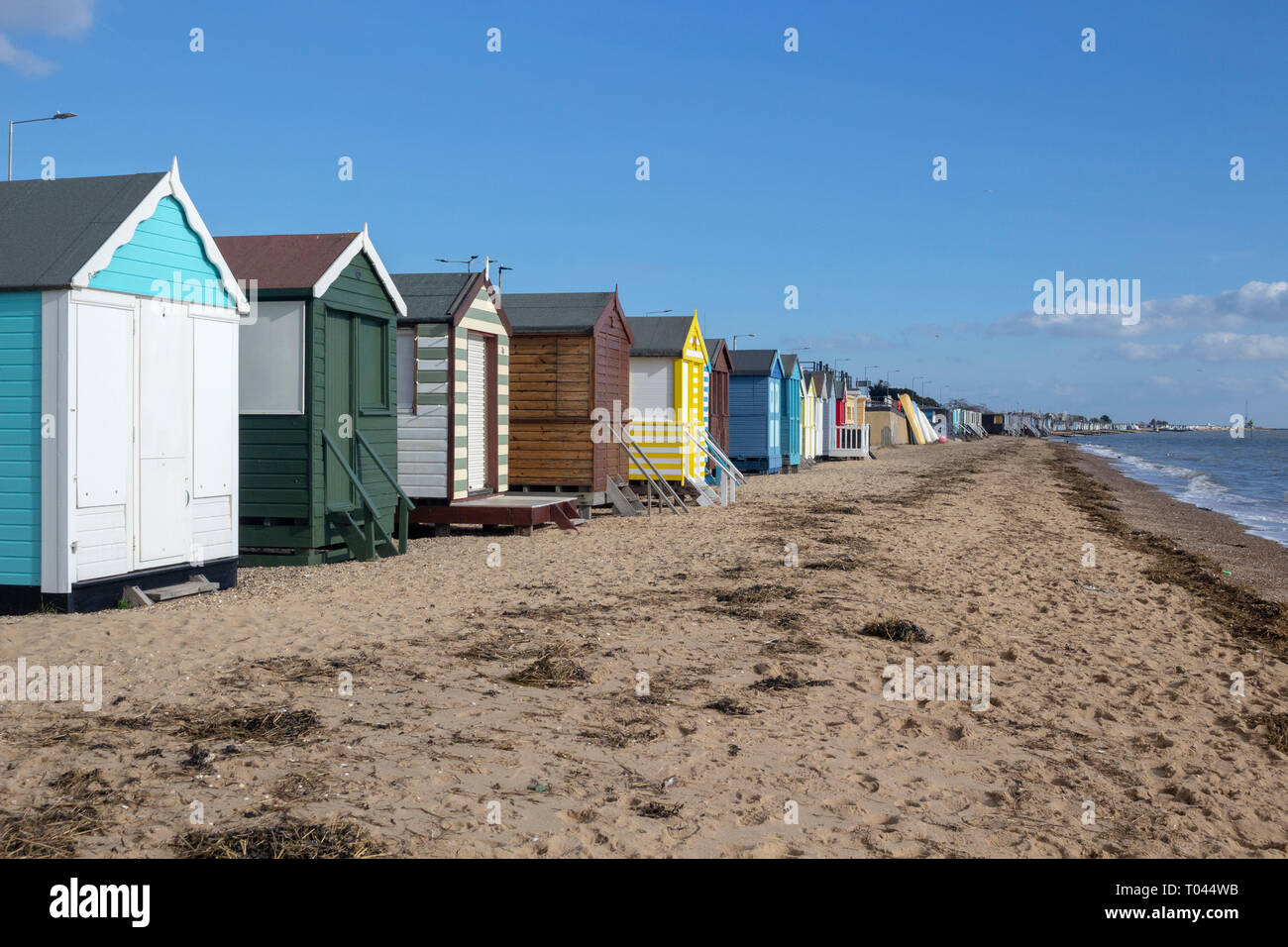 Beach huts at Thorpe Bay, near Southend-on-Sea, Essex, England Stock ...