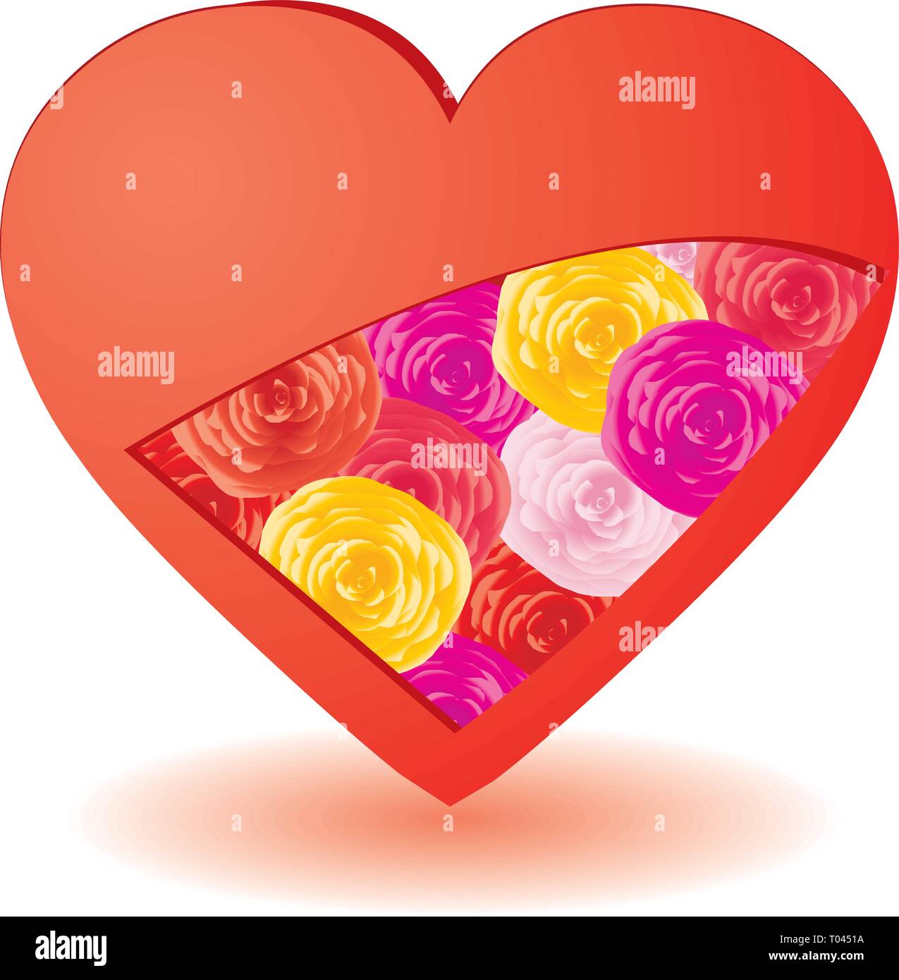 Red heart, decorated with colored roses in it, vector illustration ...