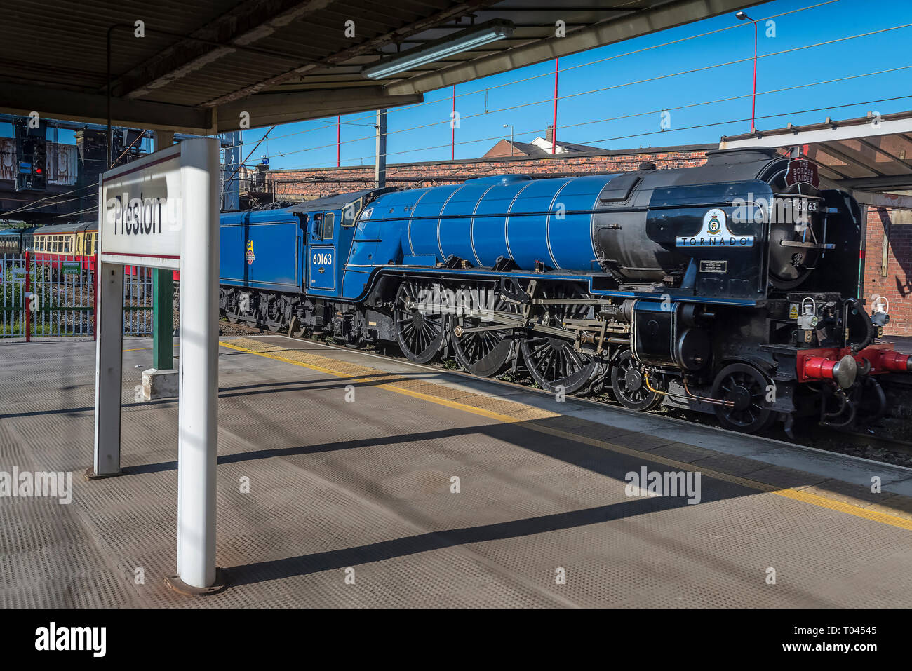 The steam A4 Pacific locomotive Tornado arrives at Preston station ...