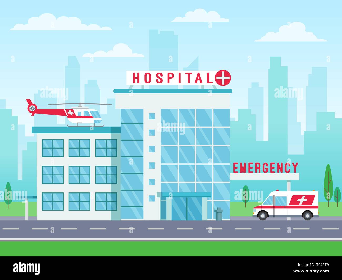 Hospital building with ambulance helicopter on roof and car standing on ...
