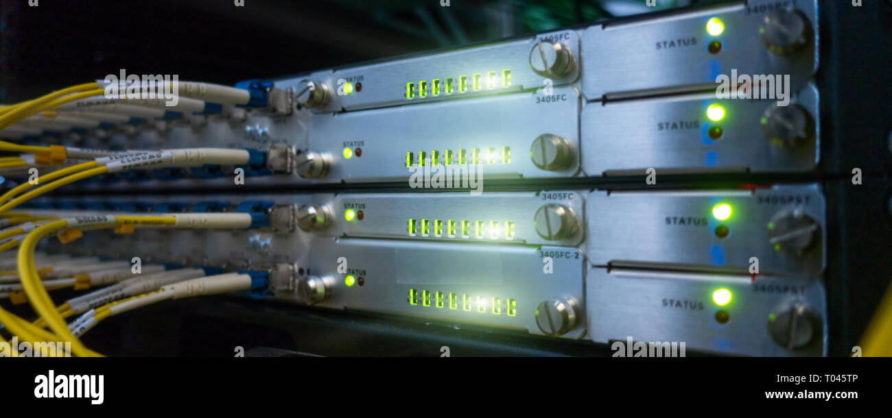 Optical server. Commutator. flashing lights. Optical fiber. Severs ...