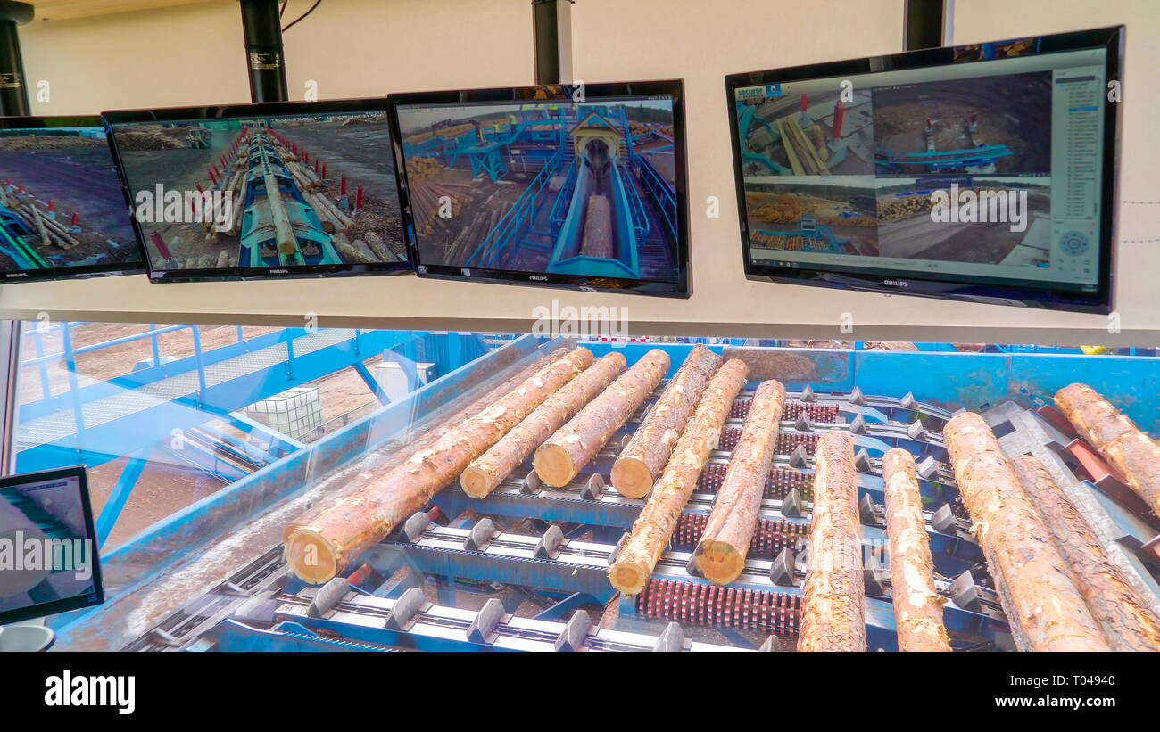 Inside the monitoring area of the sawmill factory where seen the ...