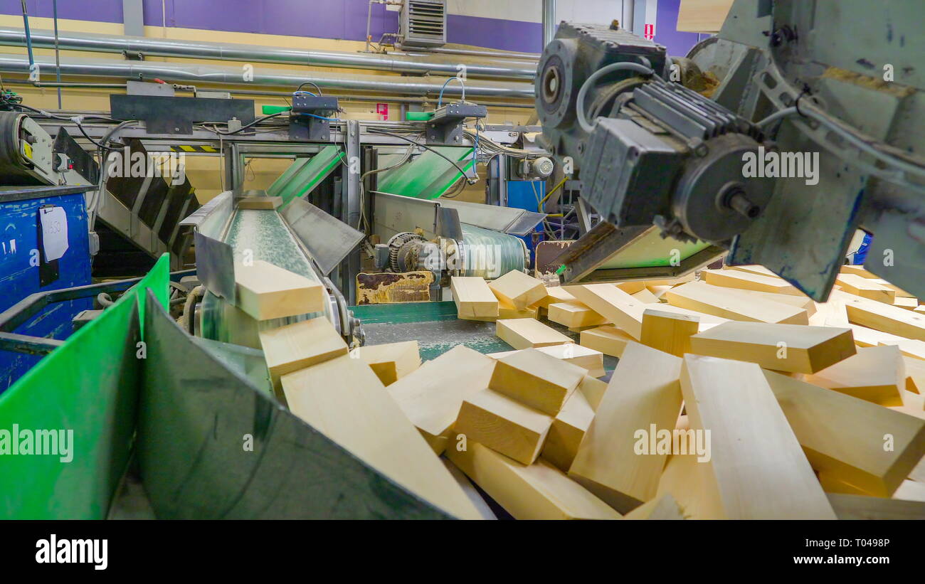 Small wooden bricks coming out from the machine inside the sawmill ...