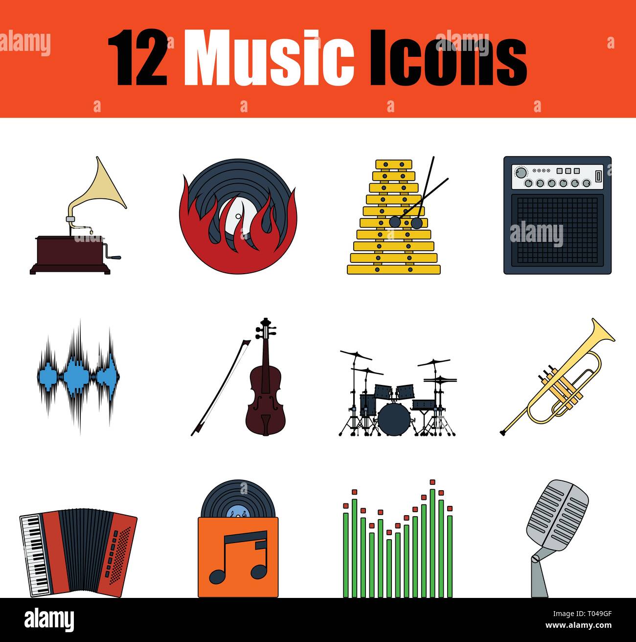 Music icon set. Full color with outline design. Vector illustration ...
