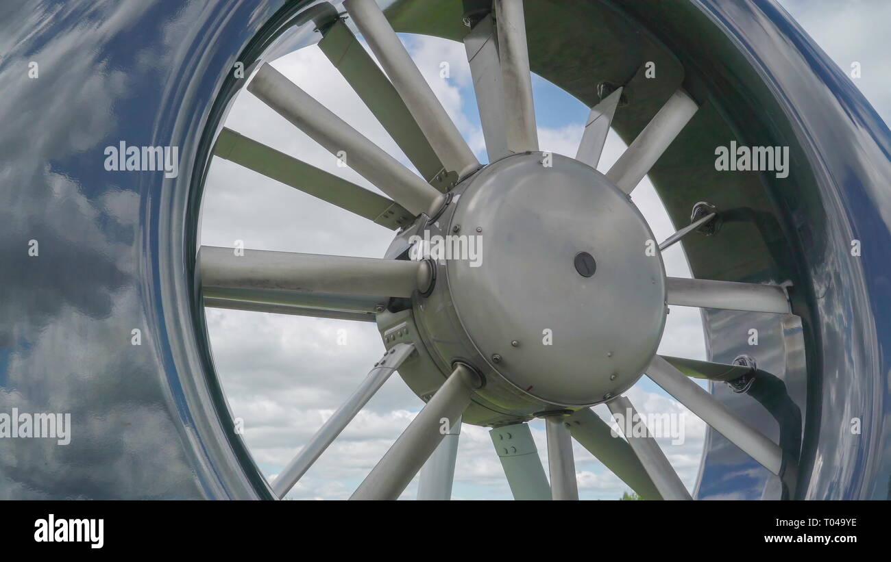 Closer look of the propeller of the helicopter seen the sharp blades of ...