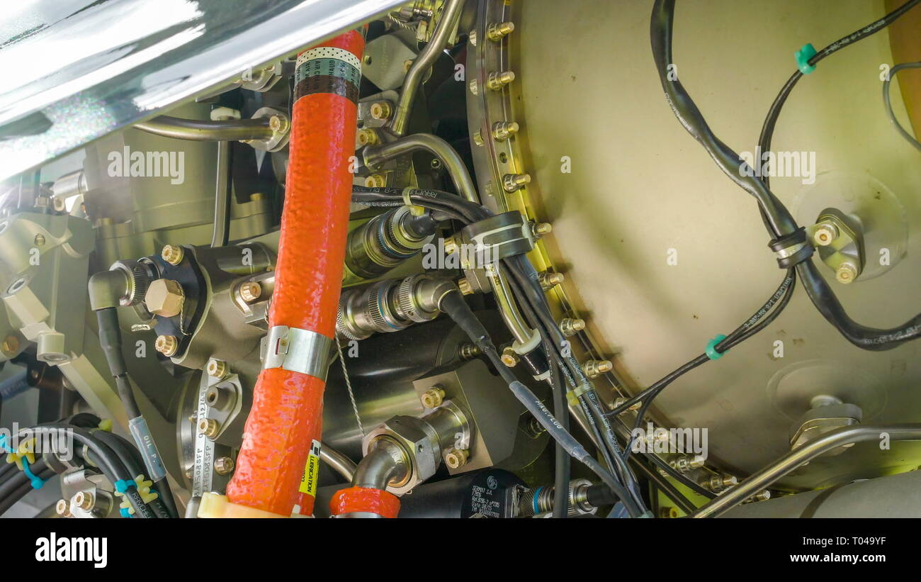 The closer look of the engine rotor of the helicopter the wires and ang ...