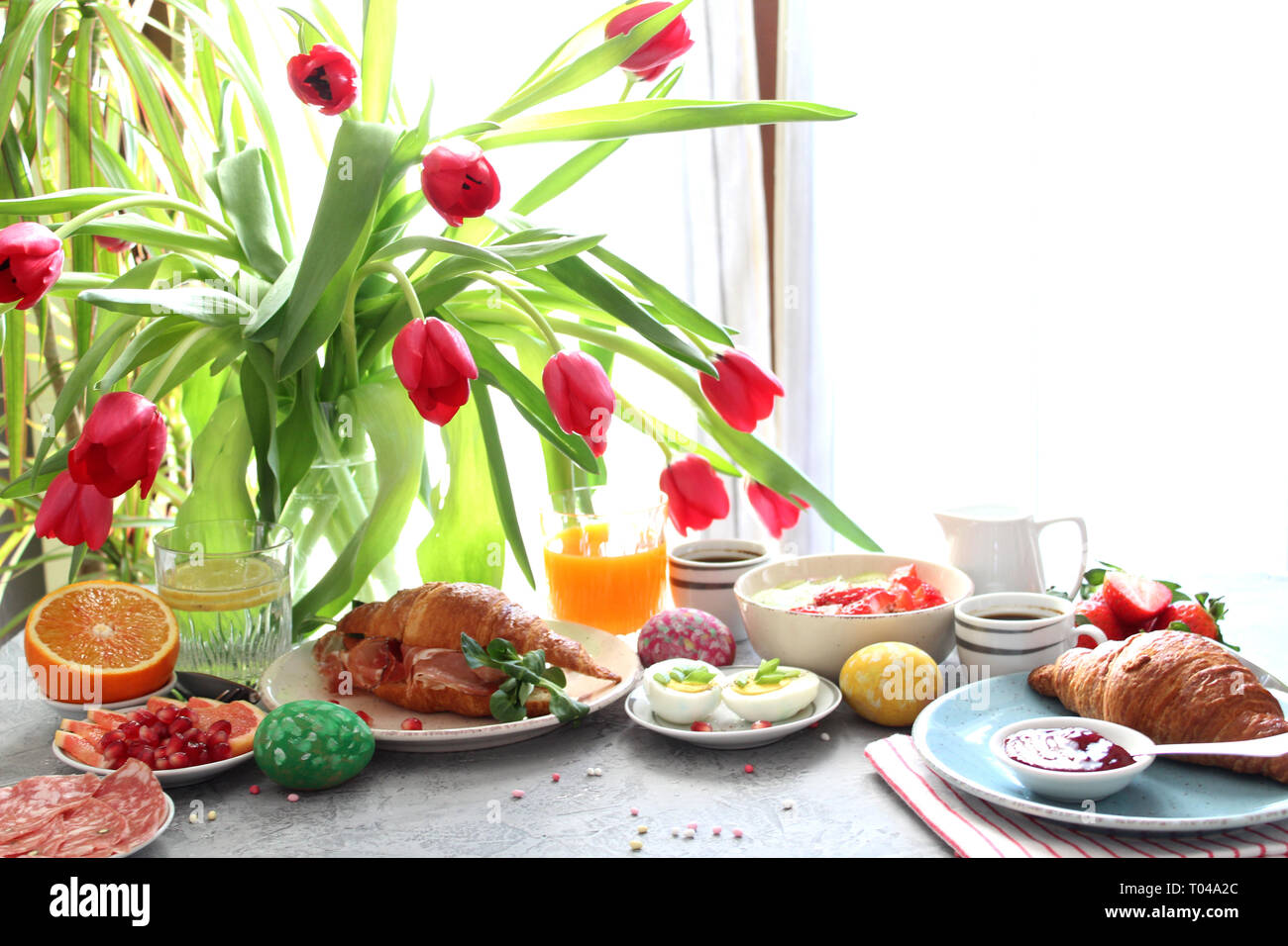 Festive breakfast or brunch table. Easter background concept. Top view ...
