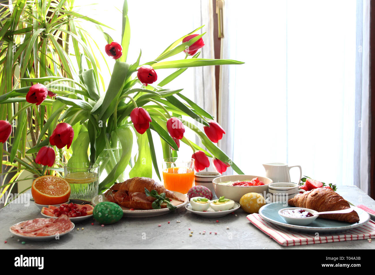 Festive breakfast or brunch table. Easter background concept. Top view ...