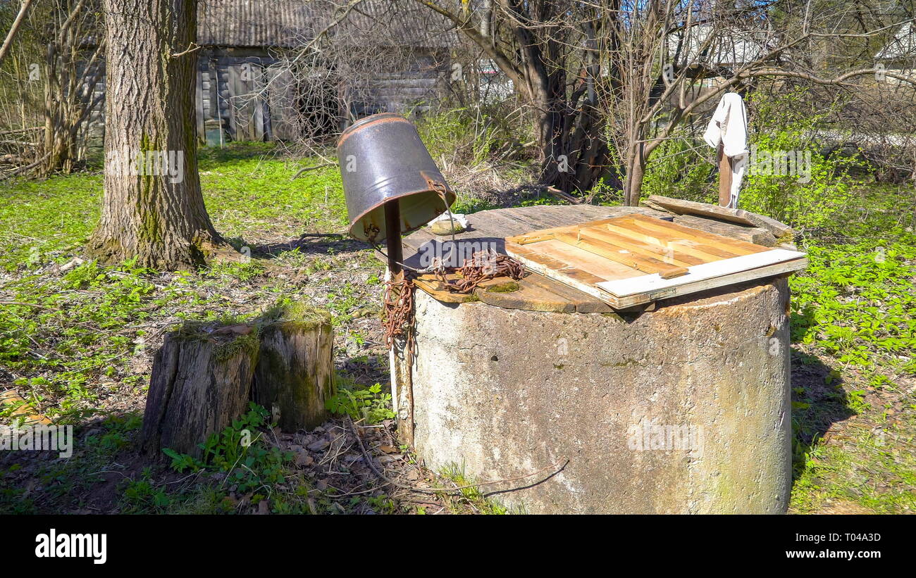 The abandoned well in the middle of the forest with lots of twigs of ...