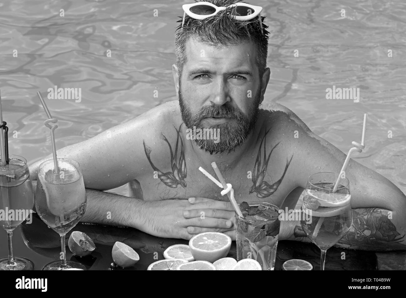 Summer vacation at Miami or Maldives. summer holiday of bearded man in ...
