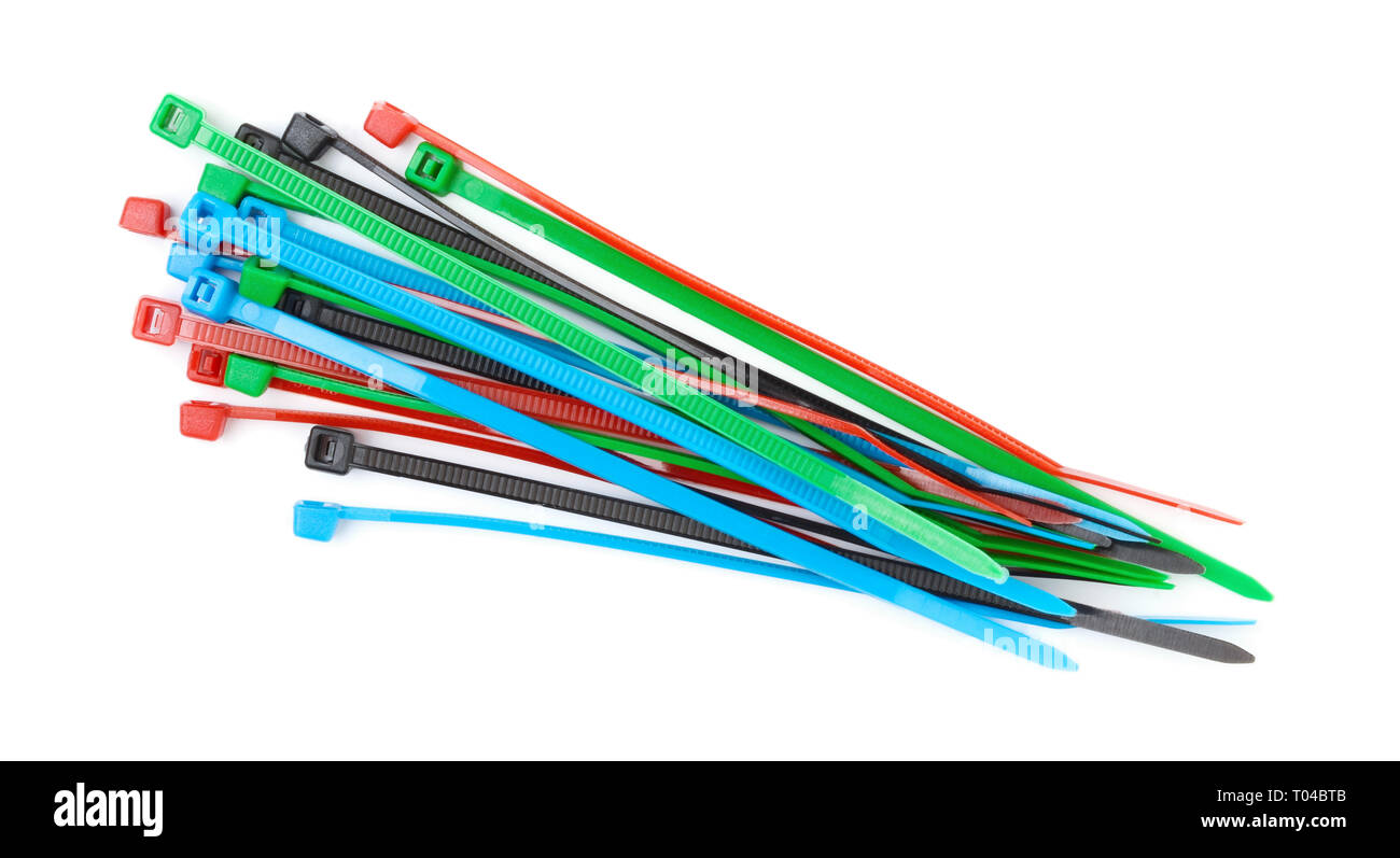 Colored plastic cable ties. Plastic clamps on a white background Stock ...
