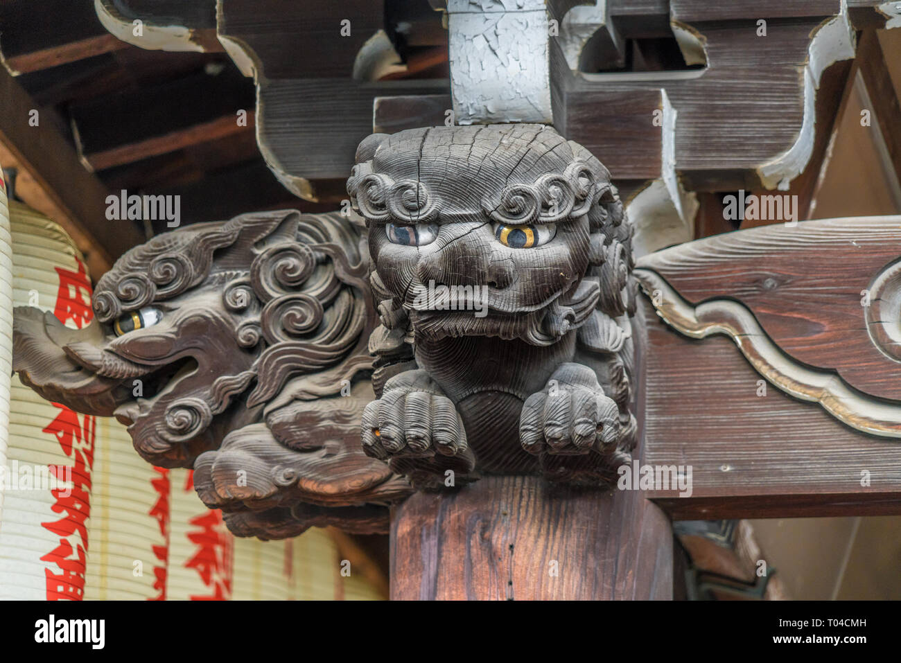Shishi Lion and Baku or zoubana Tapir Nosing wooden carved guardian of ...