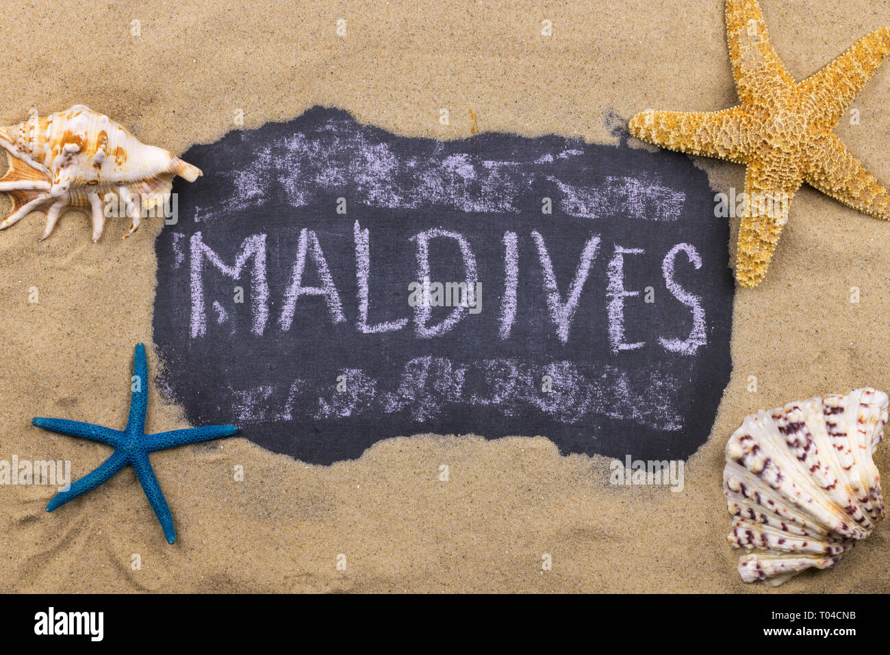 Handwritten word MALDIVES written in chalk, among seashells and ...