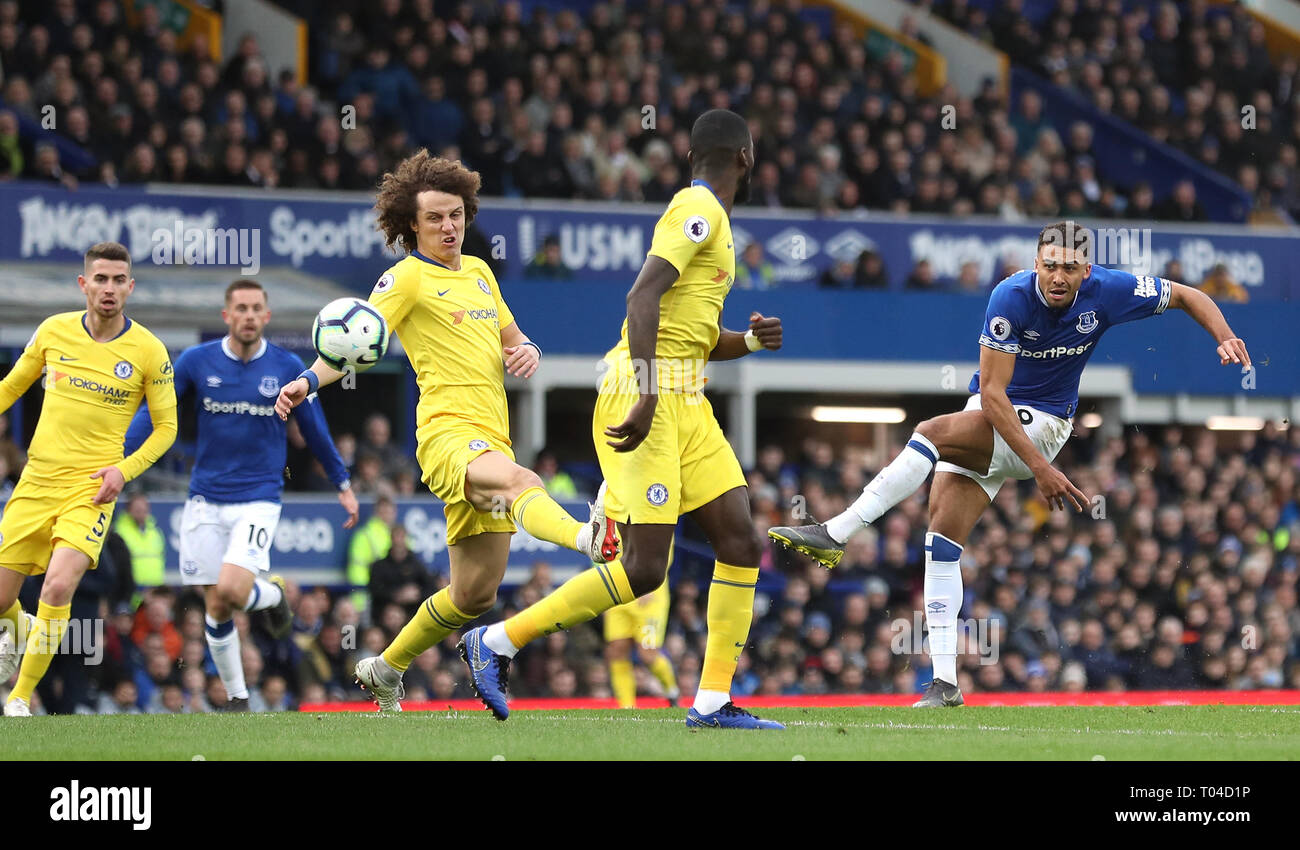 Everton's Dominic Calvert-Lewin (right) shoots wide during the Premier ...