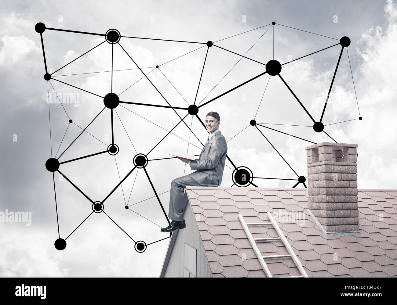 Man reading book and concept of social connection in sky Stock Photo ...