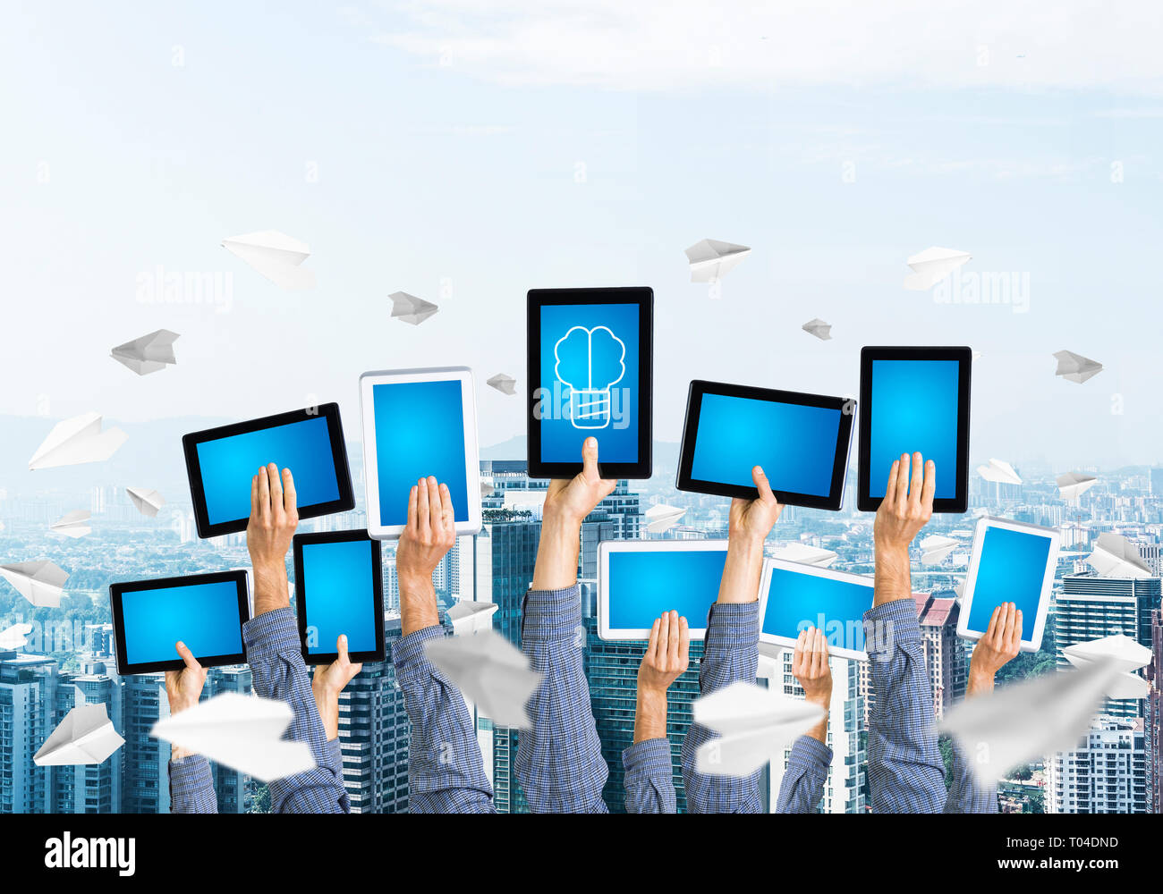 Close of man hands in line showing tablet pc with blank blue screen ...