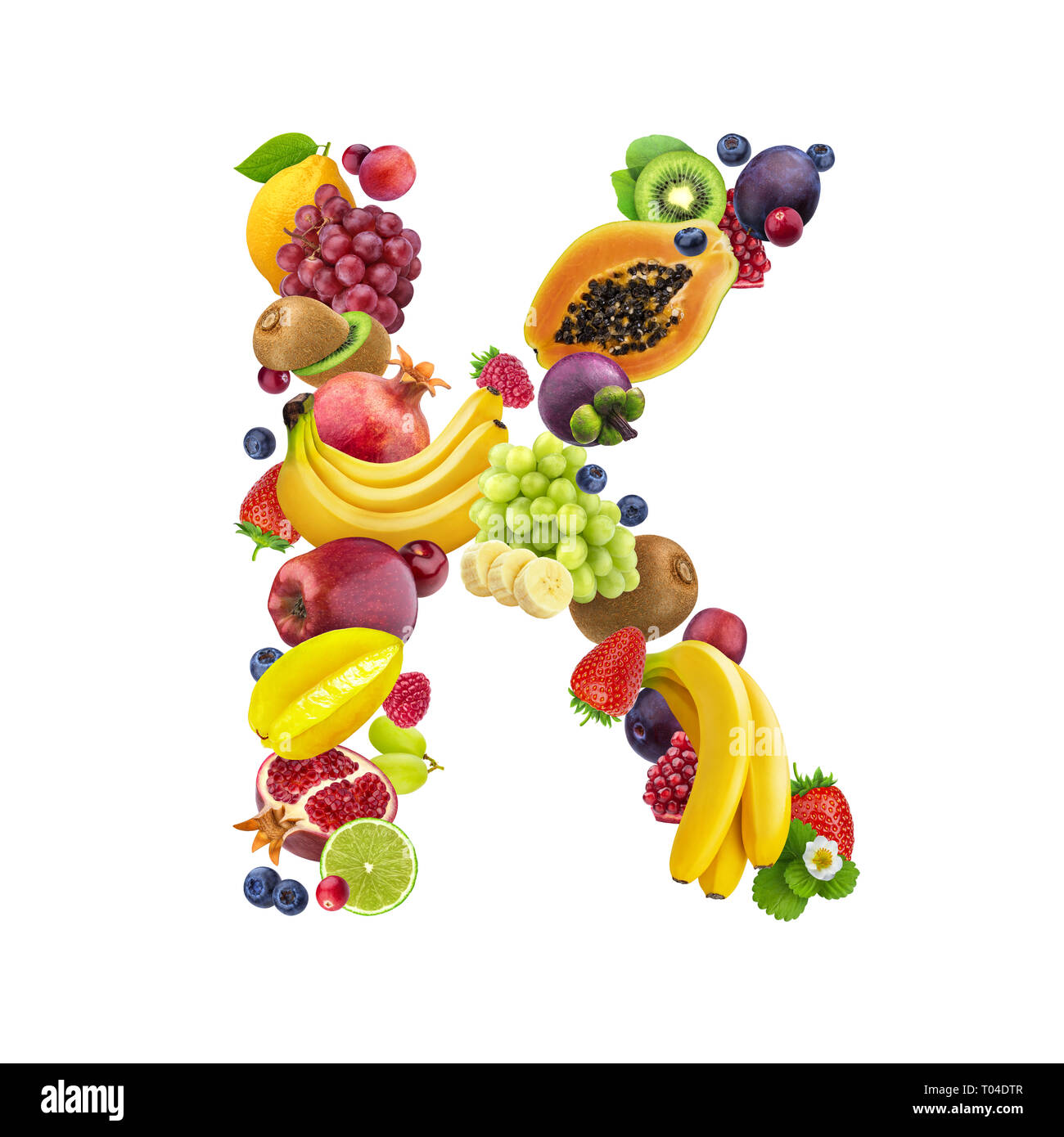 Letter K made of different fruits and berries, fruit font isolated on ...
