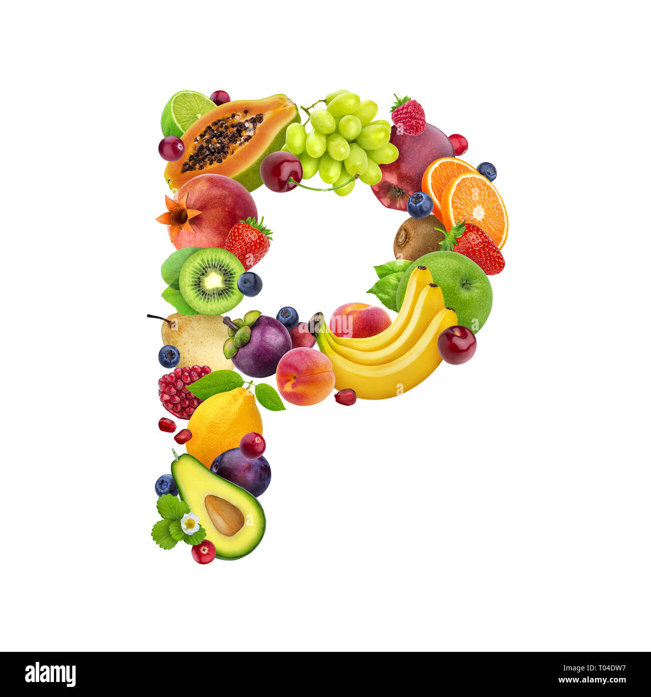 Letter P made of different fruits and berries, fruit font isolated on ...