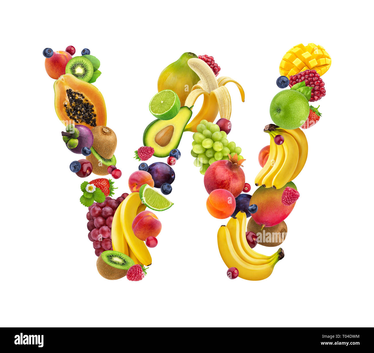 Letter W made of different fruits and berries, fruit alphabet isolated ...