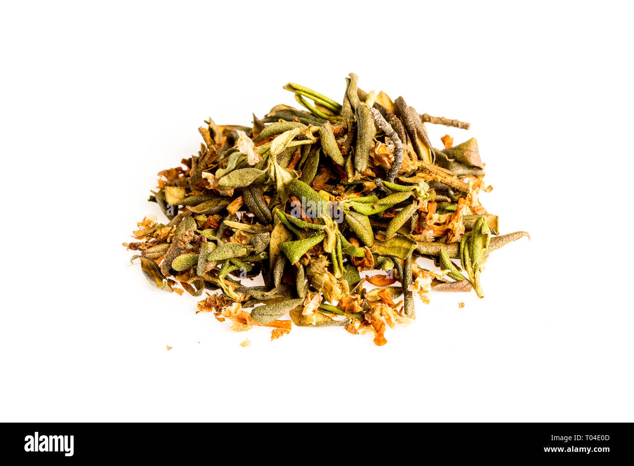 Aromatic crumbly Handful of Dry tea leaves isolated on white background ...