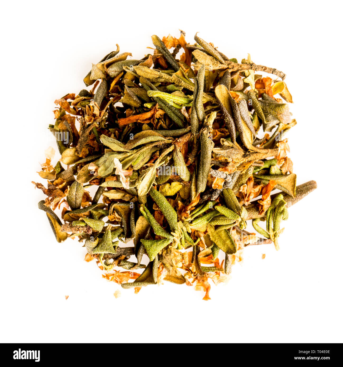 Aromatic crumbly Handful of Dry tea leaves isolated on white background ...