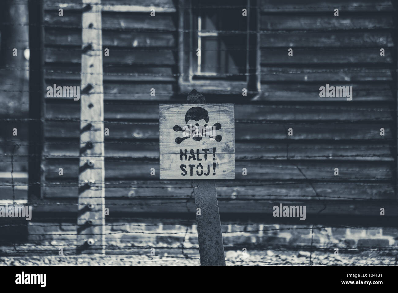 Auschwitz, Poland - March 12, 2019 Stop death sign at the Auschwitz ...