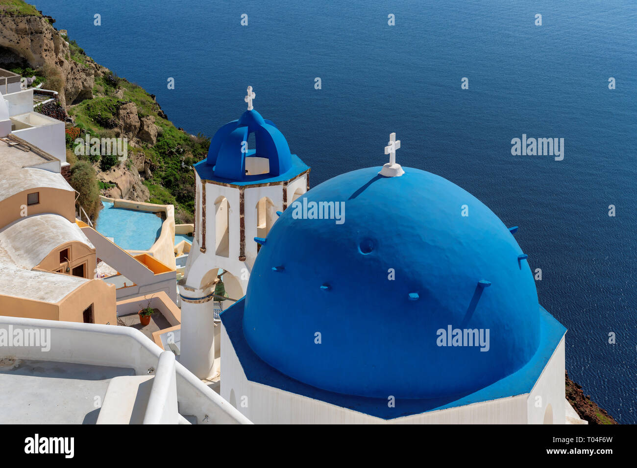 Blue and white domed churches on Santorini Greek Island, Oia town ...