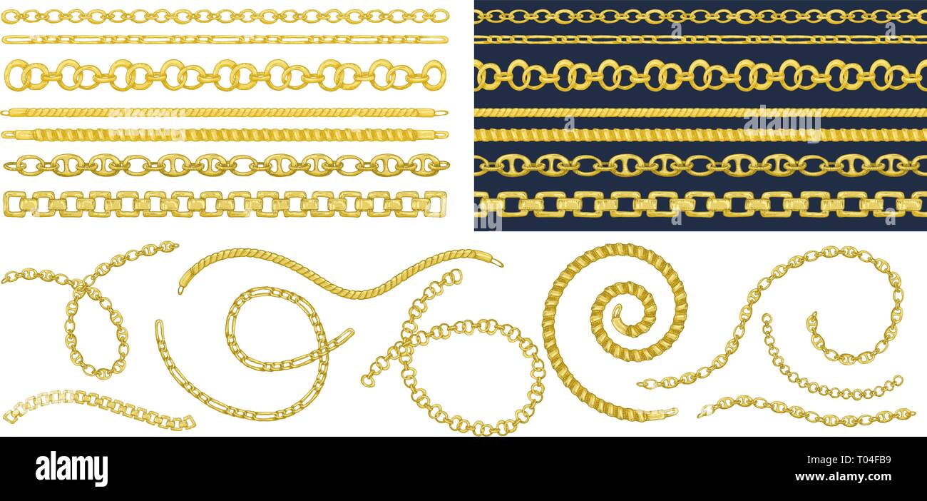 Set of brush patterns with retro hand-drawn sketch golden chain on dark ...