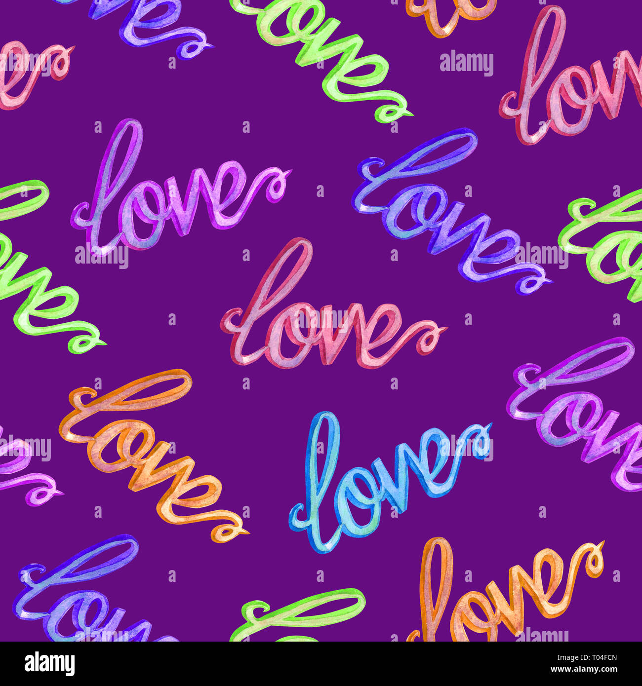 Love colorful typography seamless pattern, hand painted watercolor ...