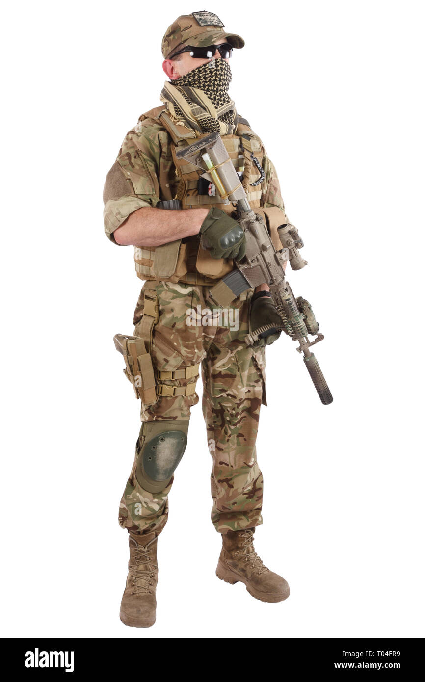 Private Military Company contractor with assault rifle on white ...