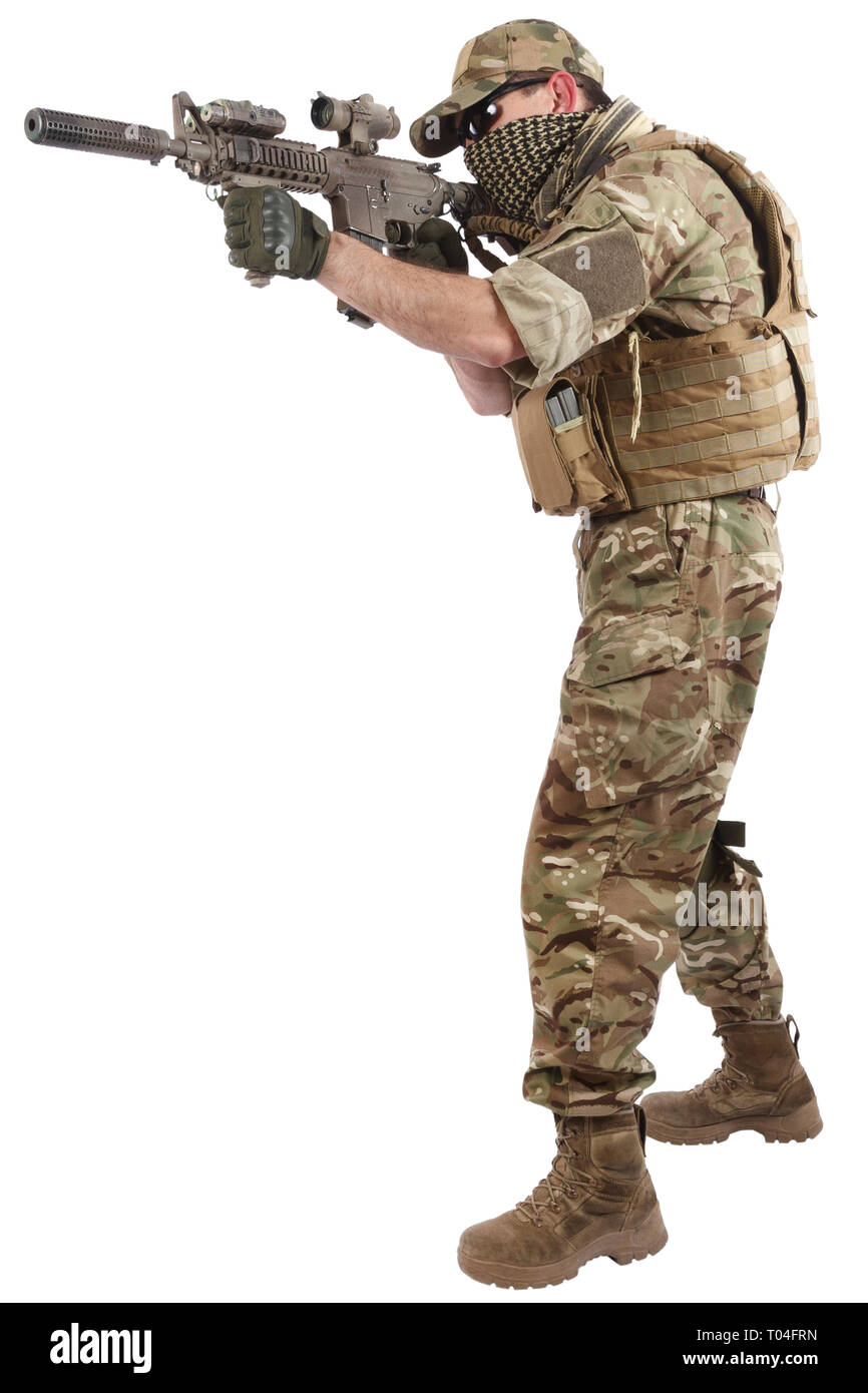 Private Military Company contractor with assault rifle on white ...