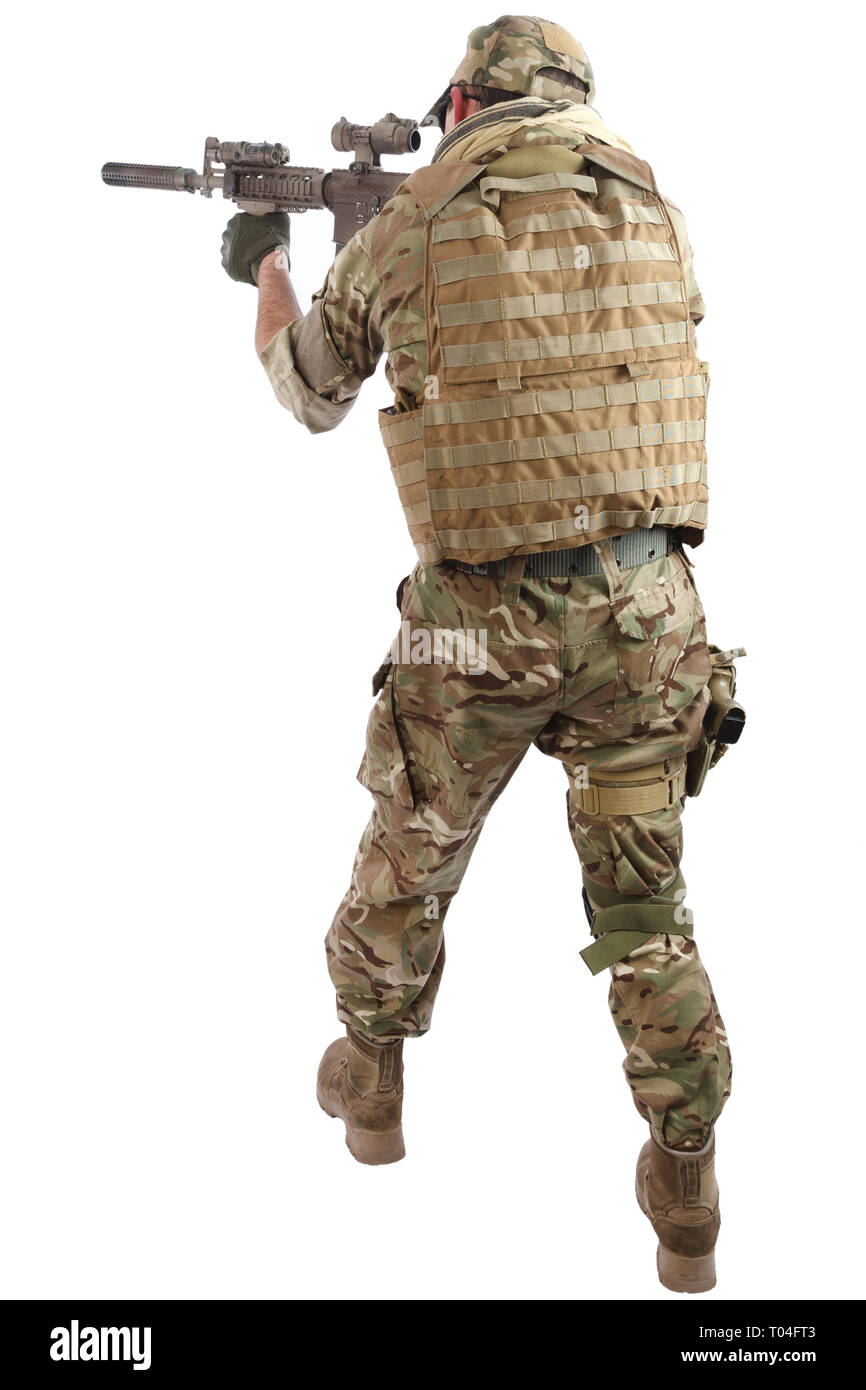 Private Military Company contractor with assault rifle on white ...