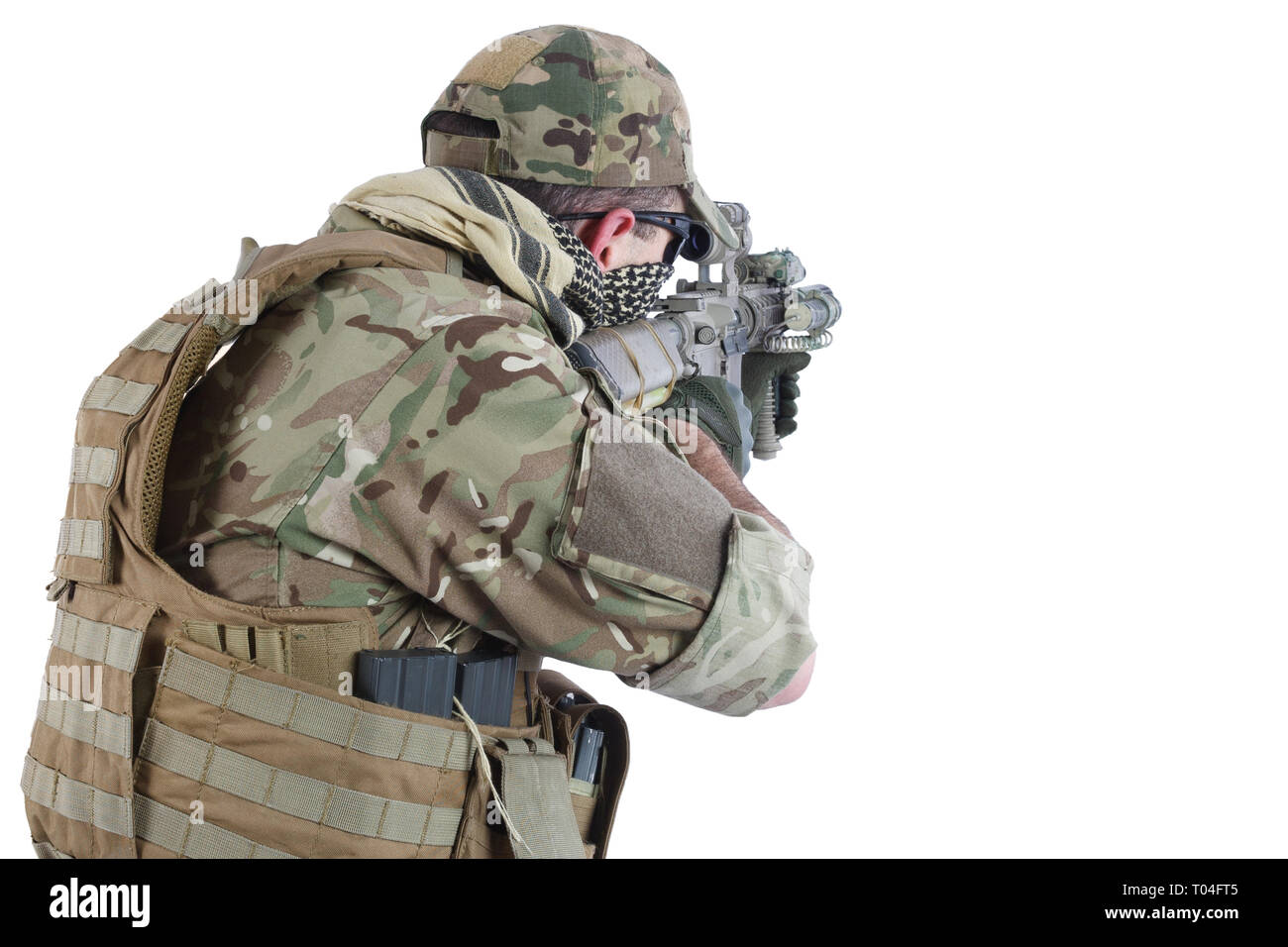 Private Military Company contractor with assault rifle on white ...