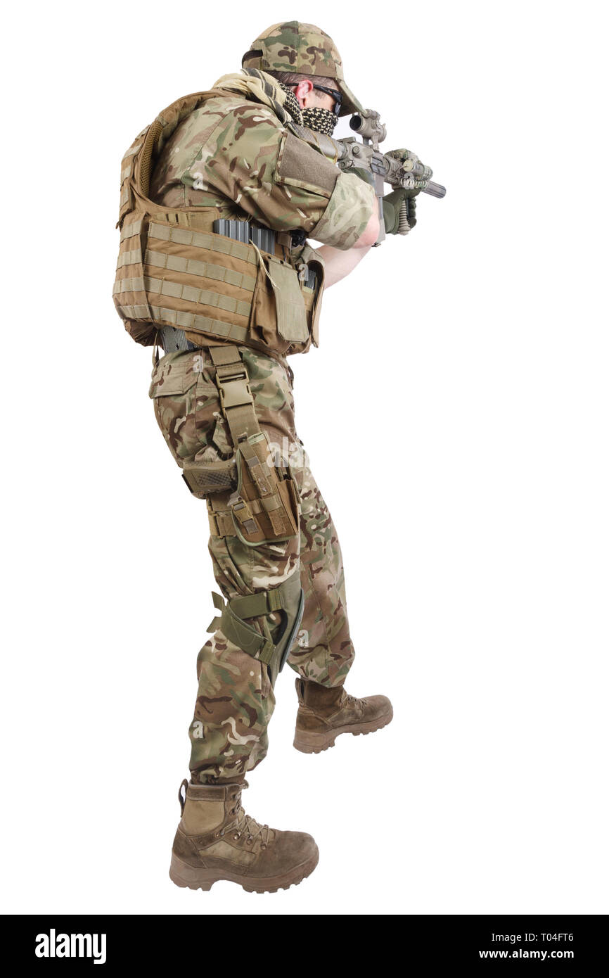 Private Military Company contractor with assault rifle on white ...