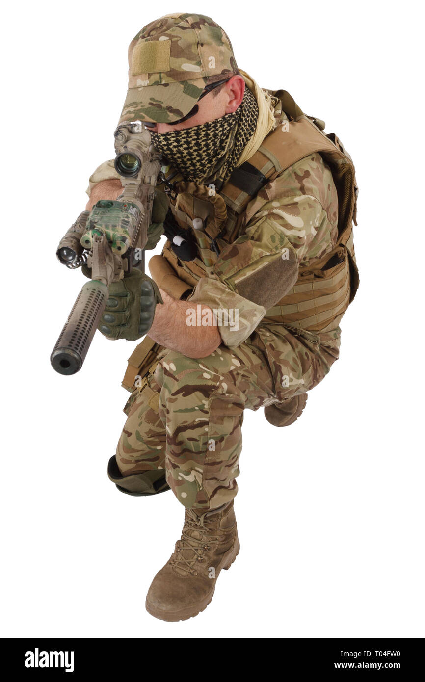 Private Military Company contractor with assault rifle on white ...