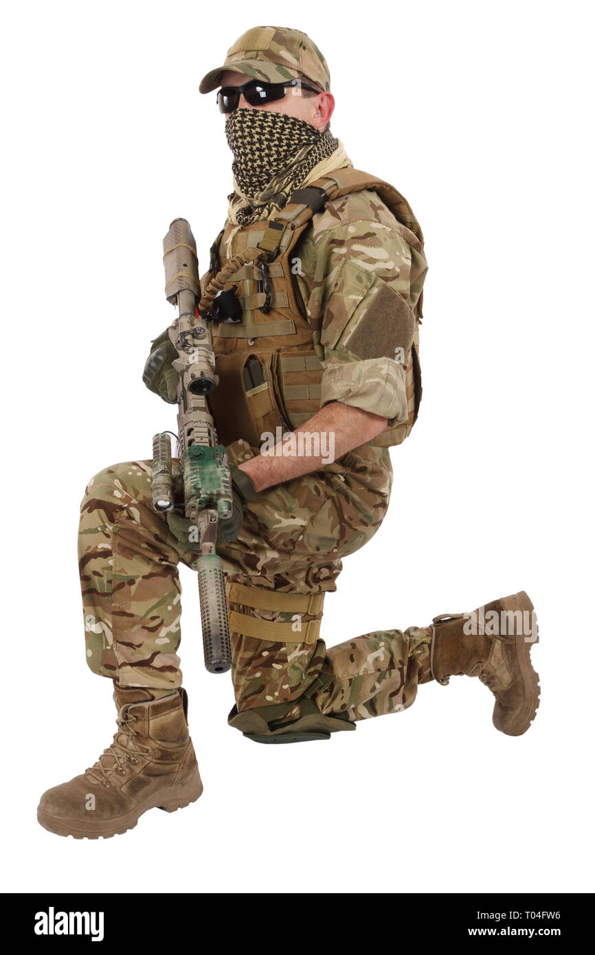 Private Military Company contractor with assault rifle on white ...