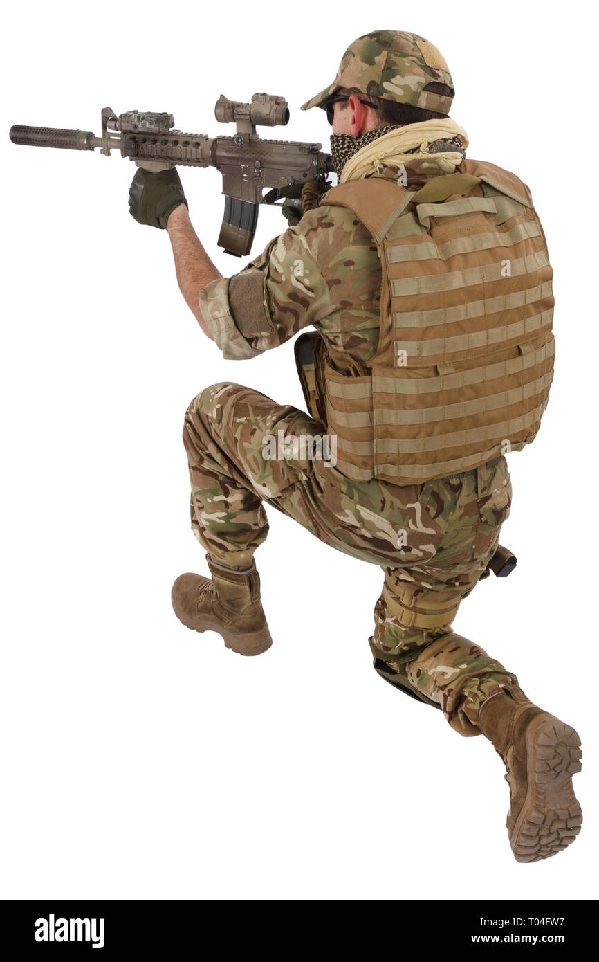 Private Military Company contractor with assault rifle on white ...