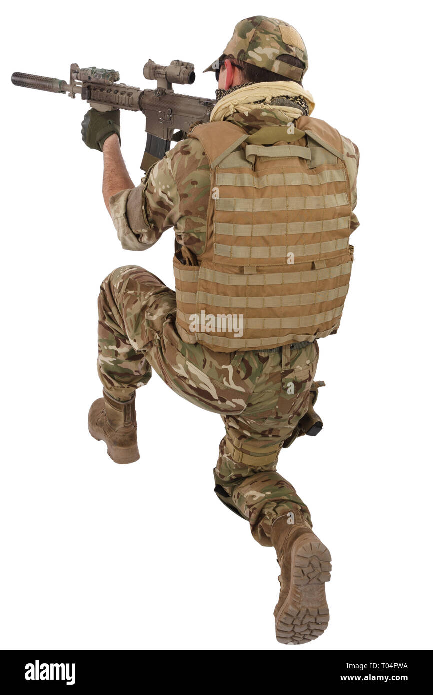 Private Military Company contractor with assault rifle on white ...