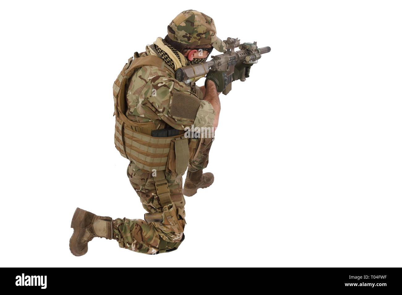 Private Military Company contractor with assault rifle on white ...