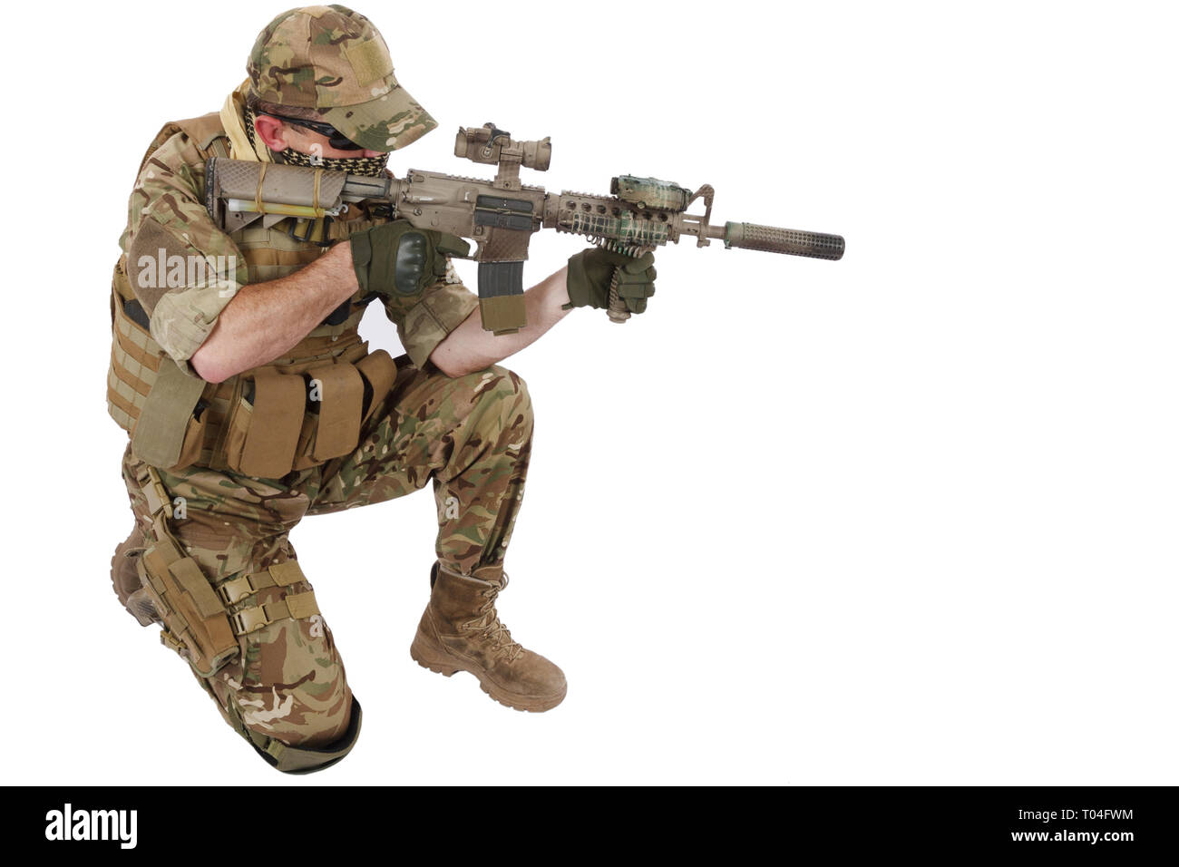 Private Military Company contractor with assault rifle on white ...