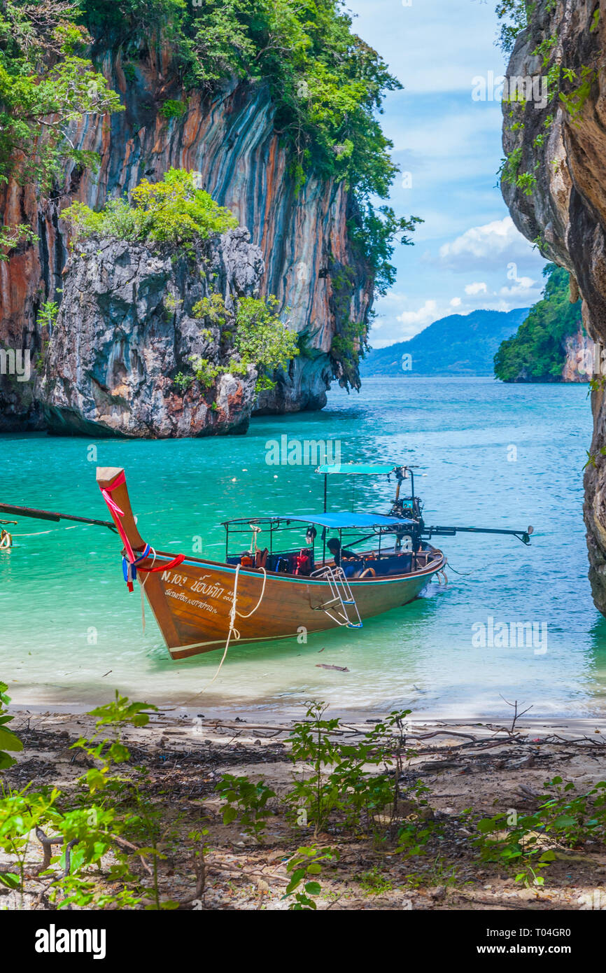 Scenic bay of Koh Lao La Ding island with thai boats, Krabi, Thailand ...