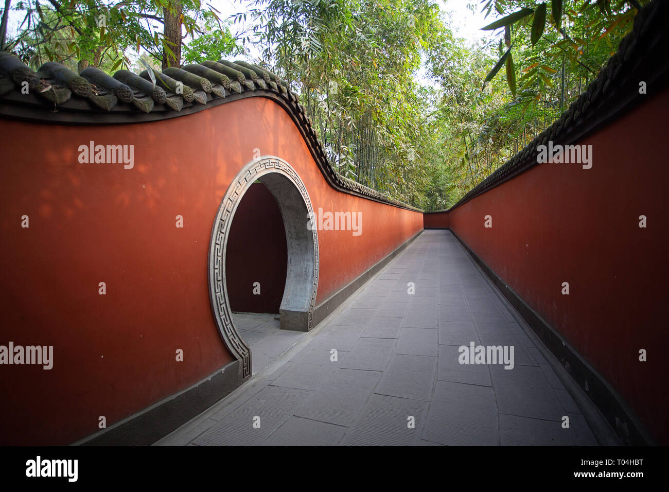 Curvy red walls passage surrounded by bamboo forest, Walkway with ...