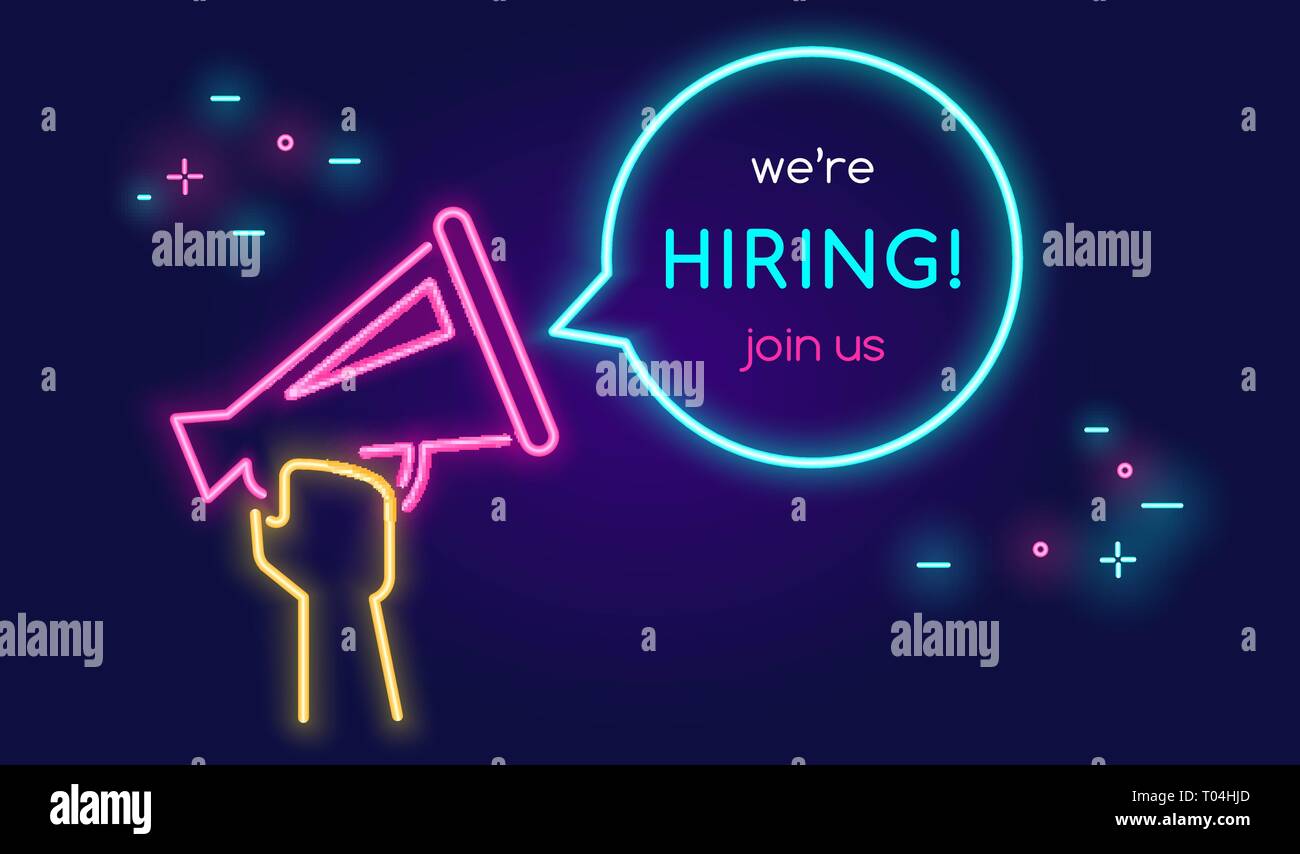 Megaphone shouting out with bubble speech we're hiring and join us ...